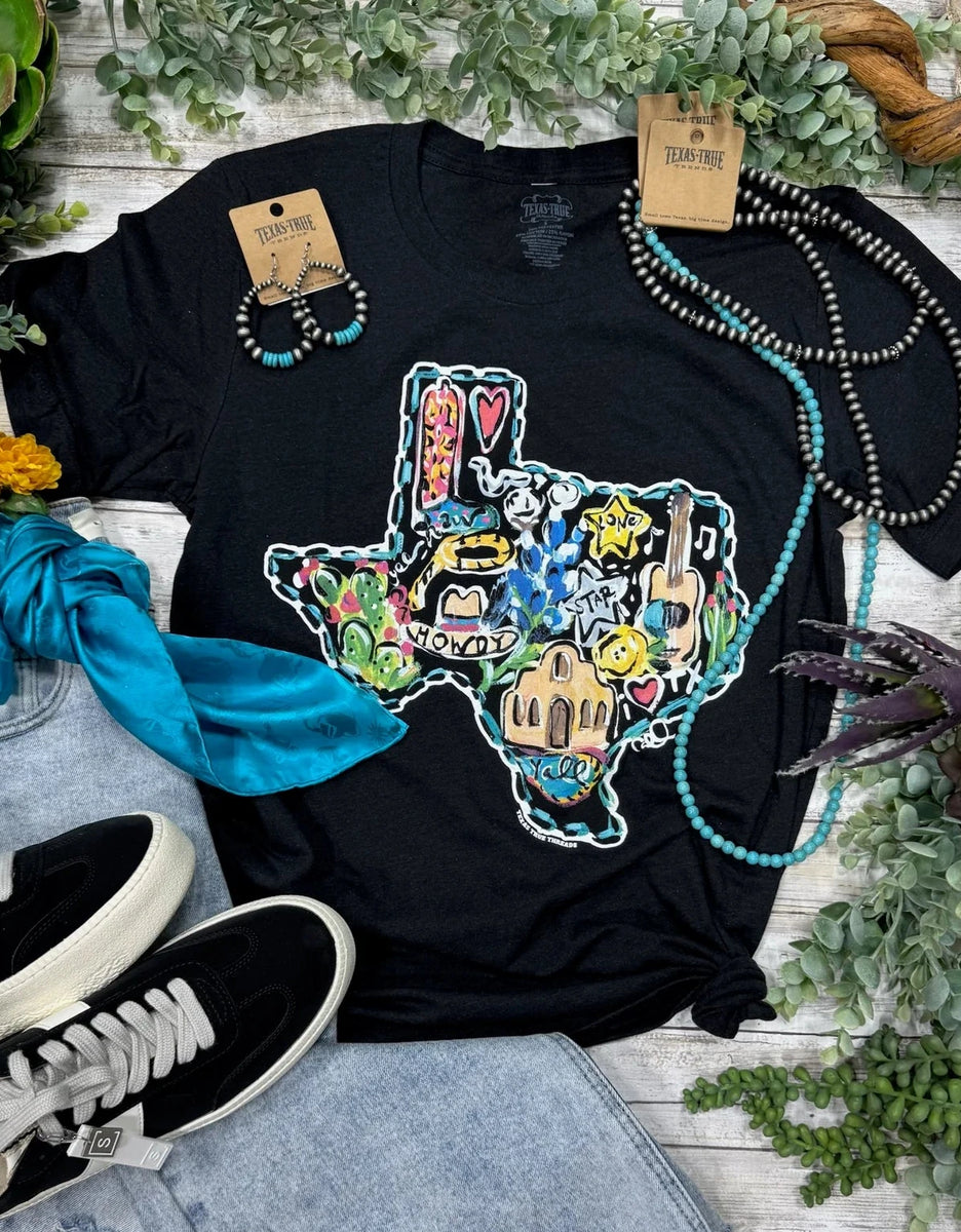 Callie Ann Texas Icons Graphic Tee - Crew Heather Black – Haute Boutique